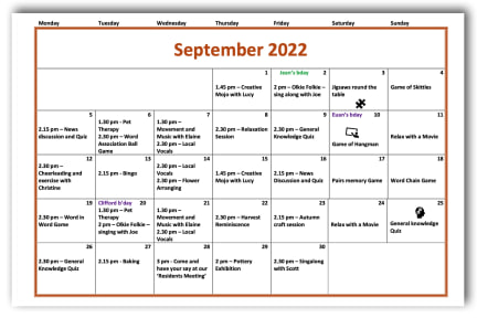 September 2022 Activities Calendar