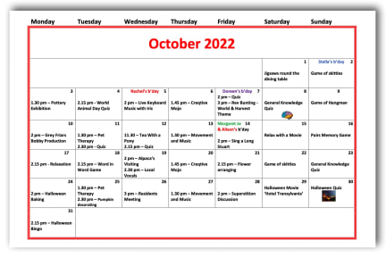 October 2022 Activities Calendar